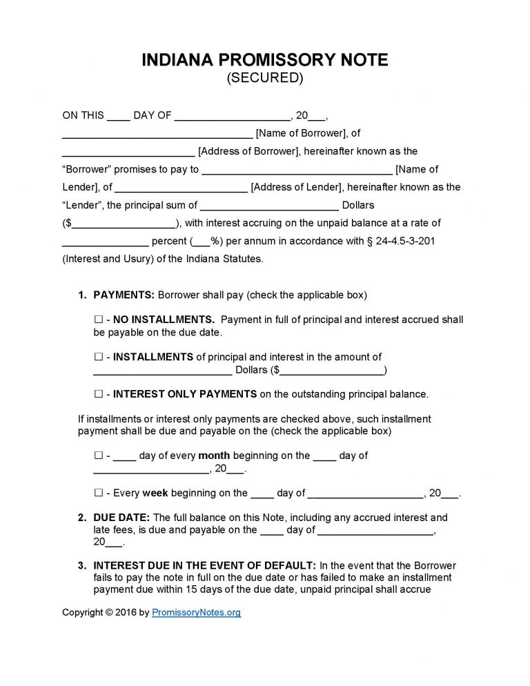 Indiana Secured Promissory Note Template - Promissory Notes ...